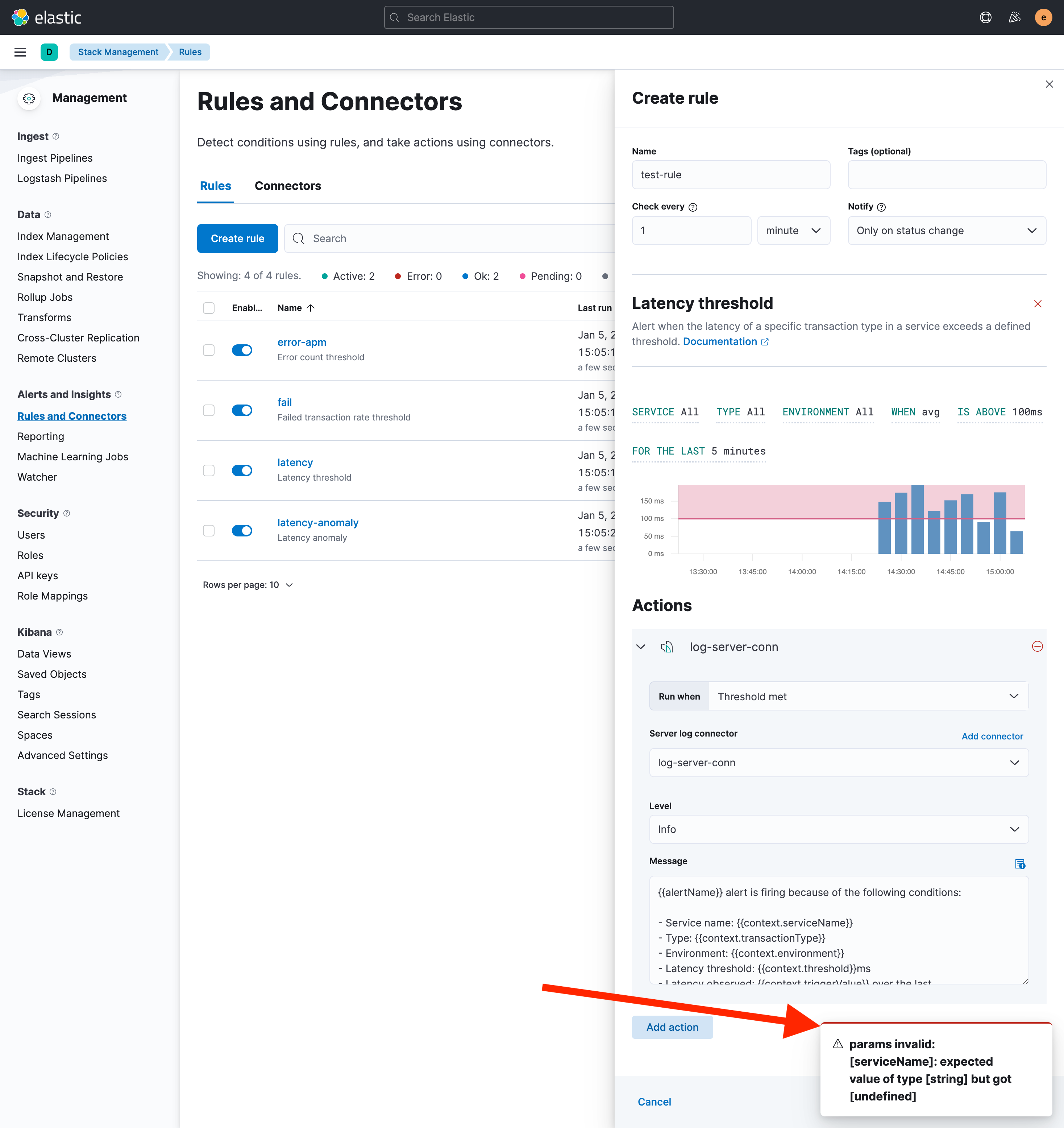 [RAC][APM][BUG] Latency threshold rule creation fails with default values for SERVICE and TYPE ...
