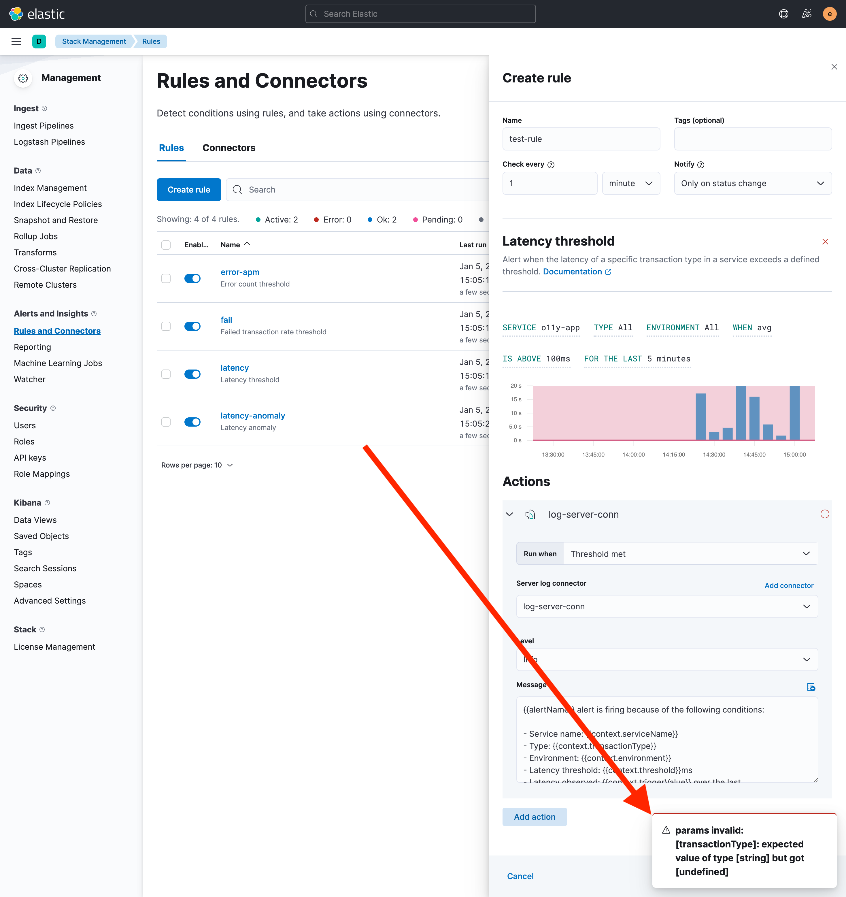 [RAC][APM][BUG] Latency threshold rule creation fails with default values for SERVICE and TYPE ...