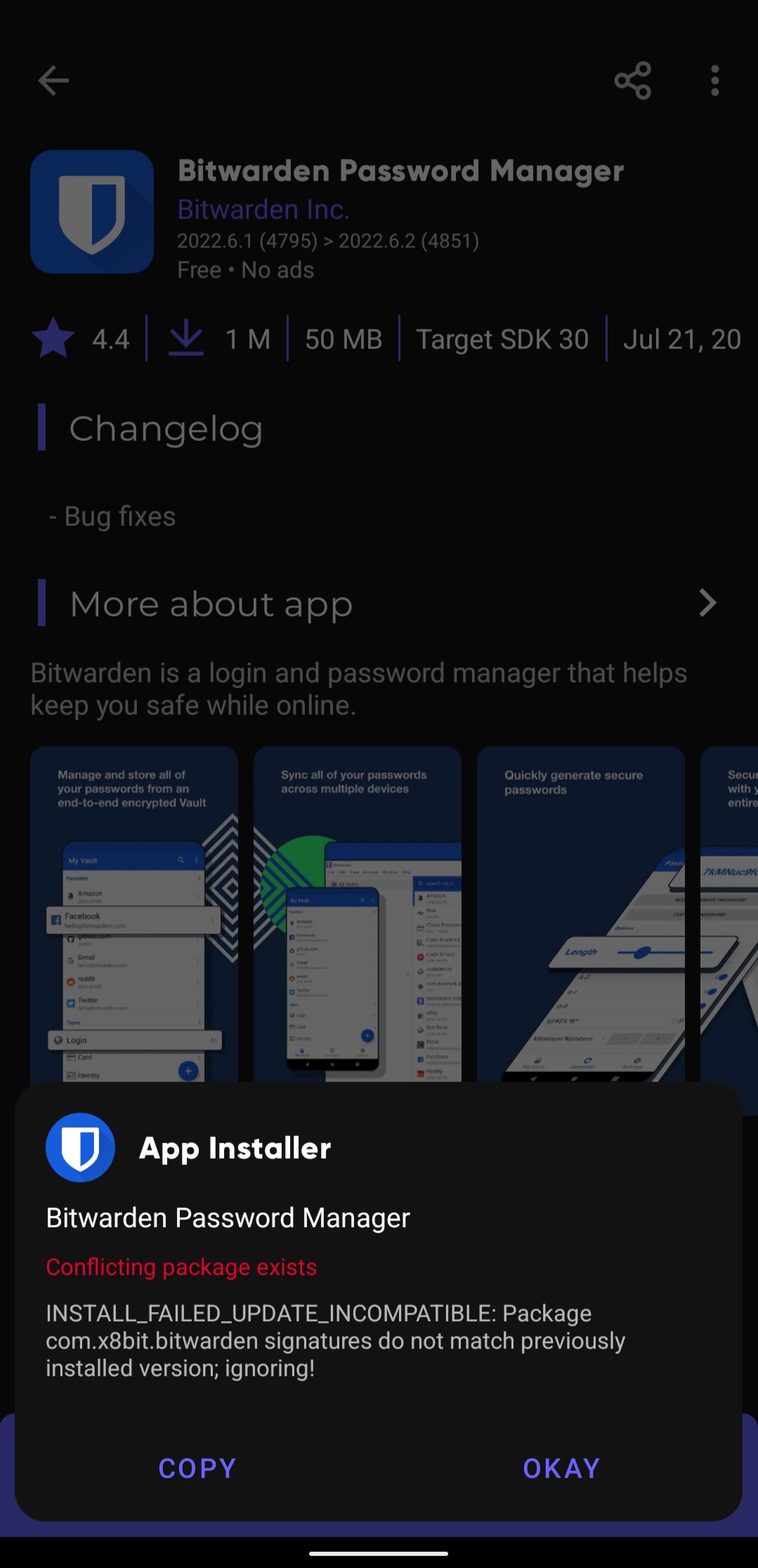 Possible security issue? Update Failed: "Package com.x8bit.bitwarden signatures do not match ...