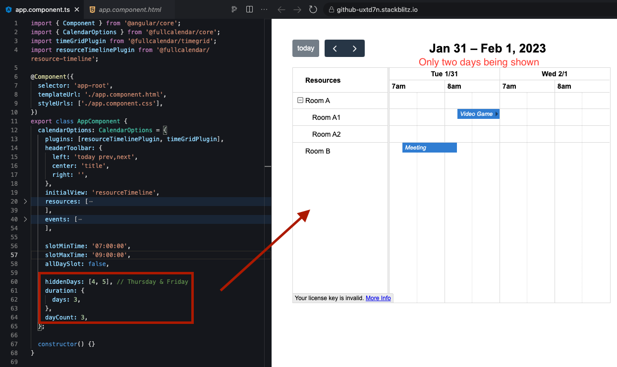 Incompatibility of 'duration' and 'hiddenDays' with 'resourceTimeline' view · Issue #7180 ...