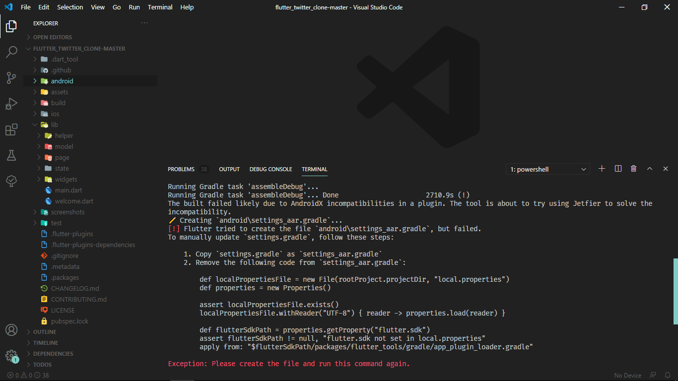 Flutter tried to create the file `android\settings_aar.gradle`, but ...