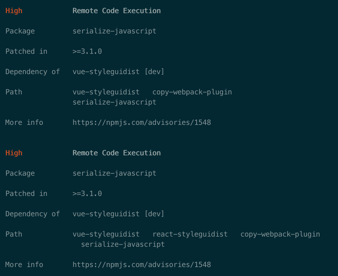 Security Vulnerabilities In Serialize Javascript · Issue 949 · Vue Styleguidistvue 9206