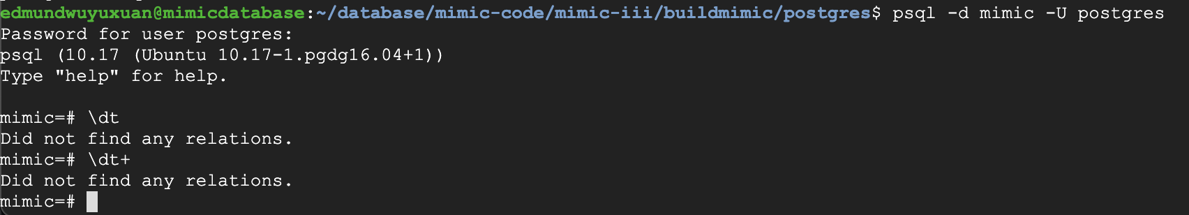 After Build The Mimic Iii Database By Postgresql It Shows No Relations And Tables · Issue 1057