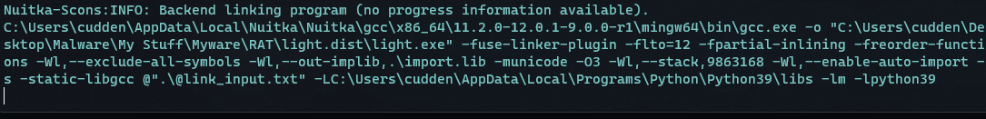 Nuitka-Scons:INFO: Backend linking program (no progress information available). Never done ...