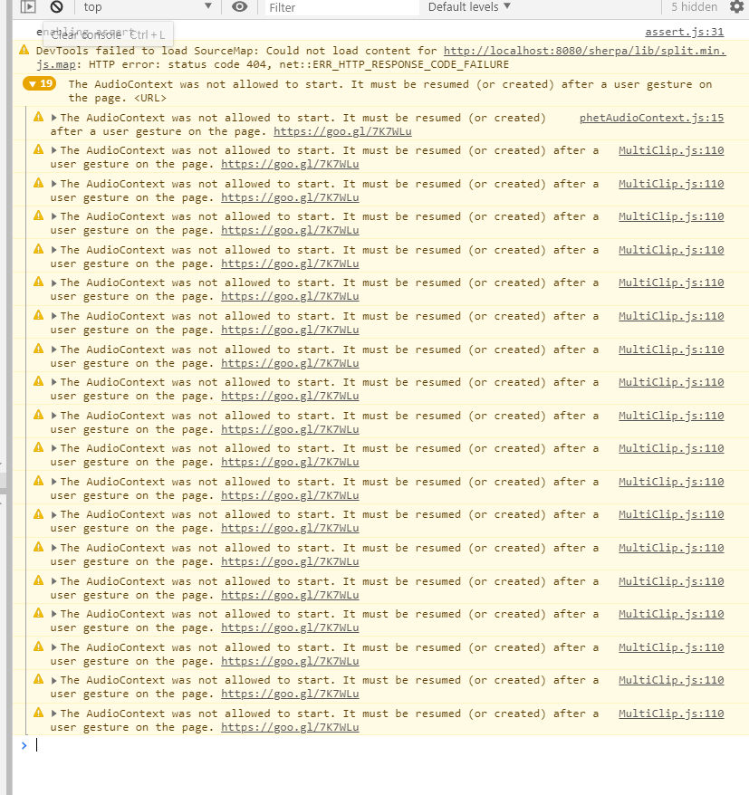 console warning even when sound not enabled: "The AudioContext was not allowed to start ...
