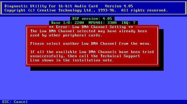Problems with CTSOUND / CTSB16.SYS - Invalid argument when specifying Low DMA on parameter ...
