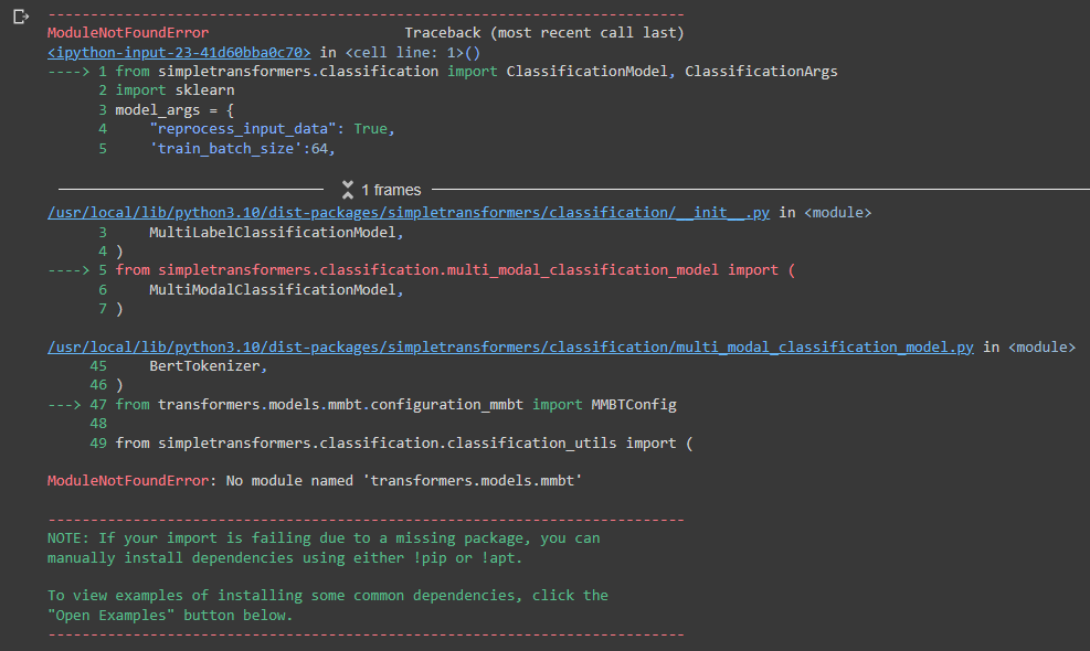 ModuleNotFoundError: No module named 'transformers.models.mmbt' · Issue #1539 · ThilinaRajapakse ...