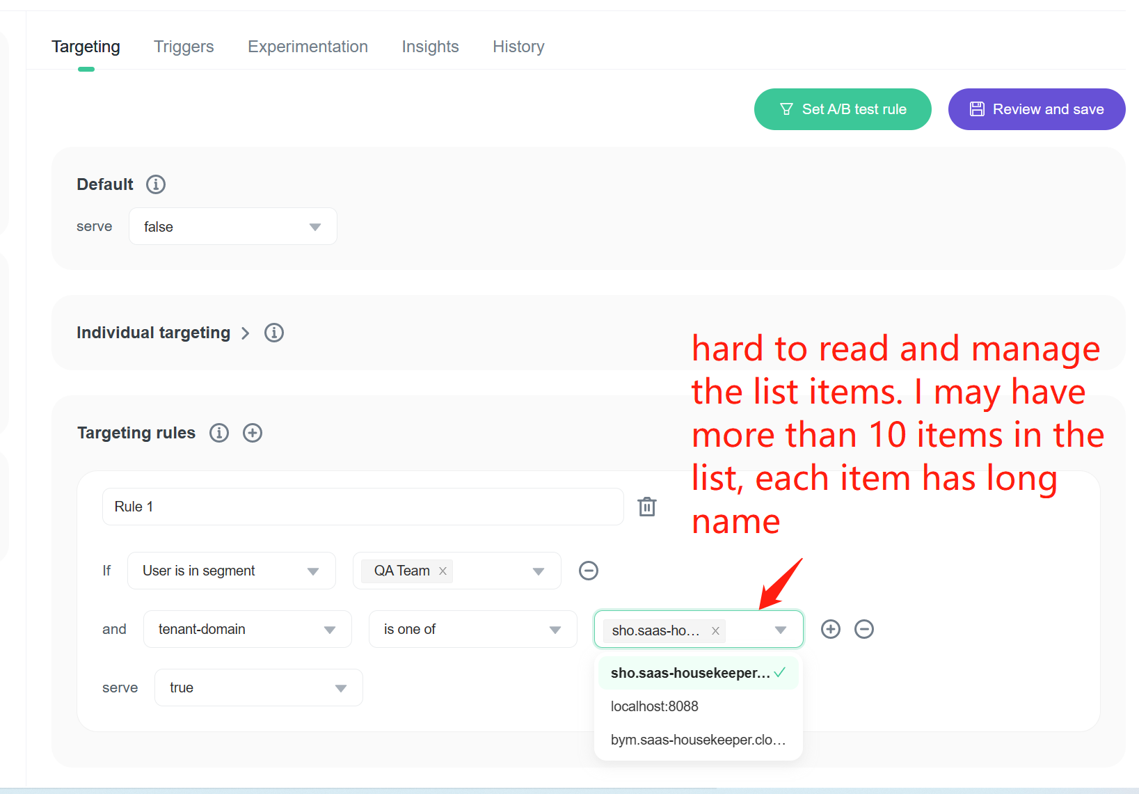 [Good First Issue]: Difficult to manage list items in feature flag and segment targeting rules ...