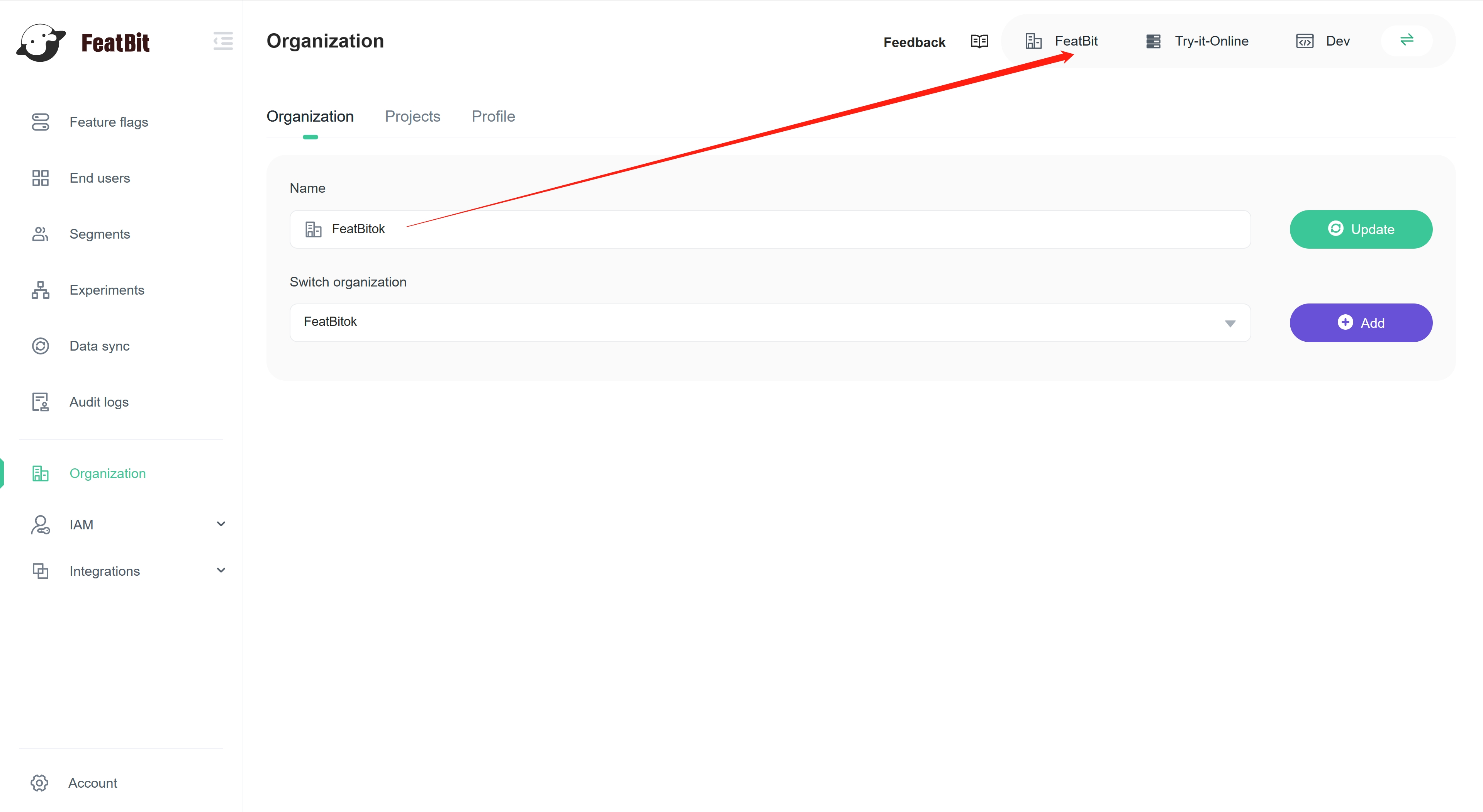 [BUG] The organization name in the top-right corner is incorrect after updating the name in the ...