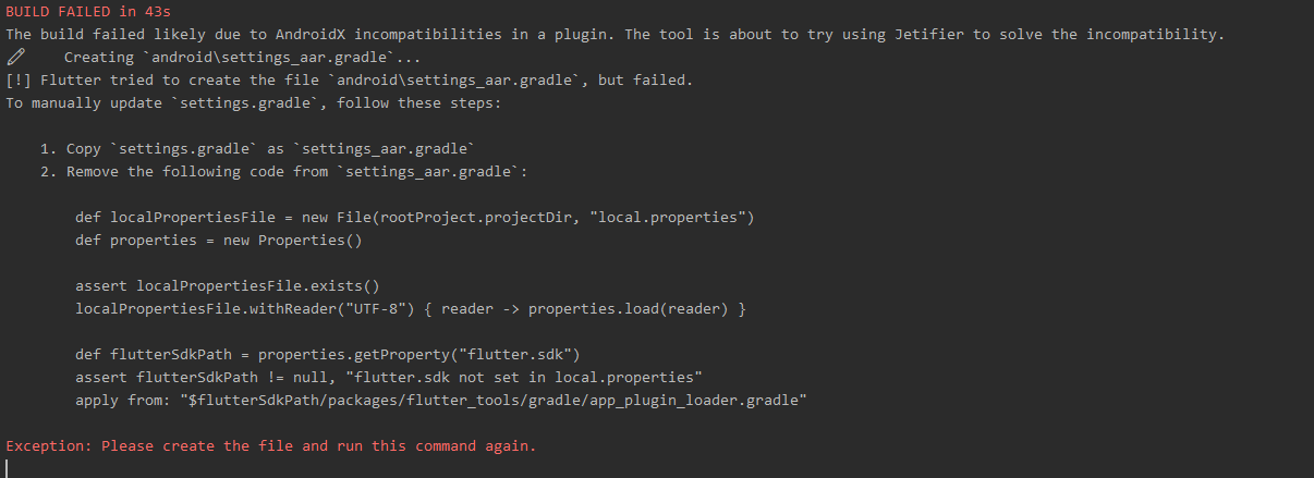 Flutter tried to create the file `android\settings_aar.gradle`, but failed. · Issue #86410 ...