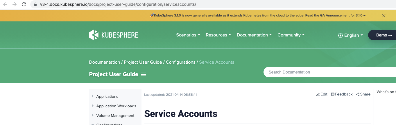 The documentation for Service Accounts cannot be accessed. · Issue #3439 · kubesphere/kubesphere ...