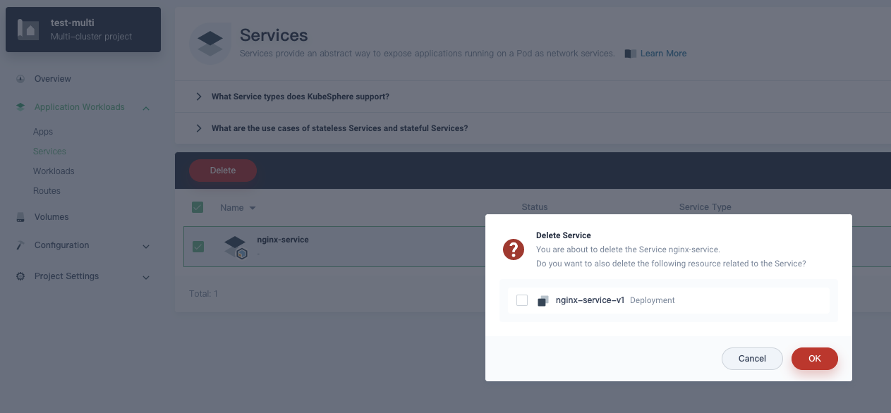 Did not display the resource related to service when delete service. · Issue #2374 · kubesphere ...