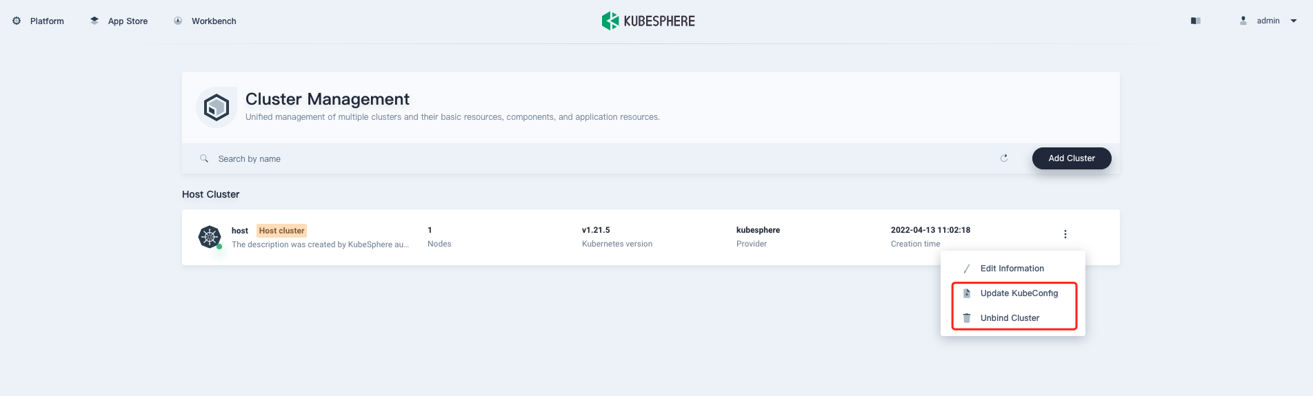 The host cluster removes 'update kubeconfig' and 'unbind cluster' button · Issue #3097 ...