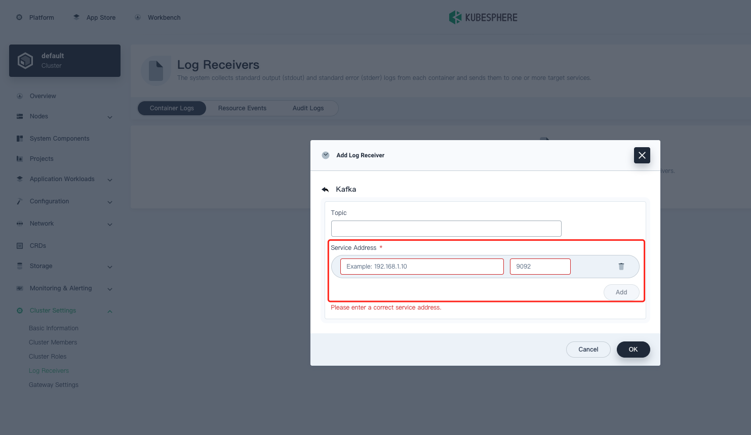 The "Service Address" will be cleared in "Add Log Receiver" page · Issue #3601 · kubesphere ...
