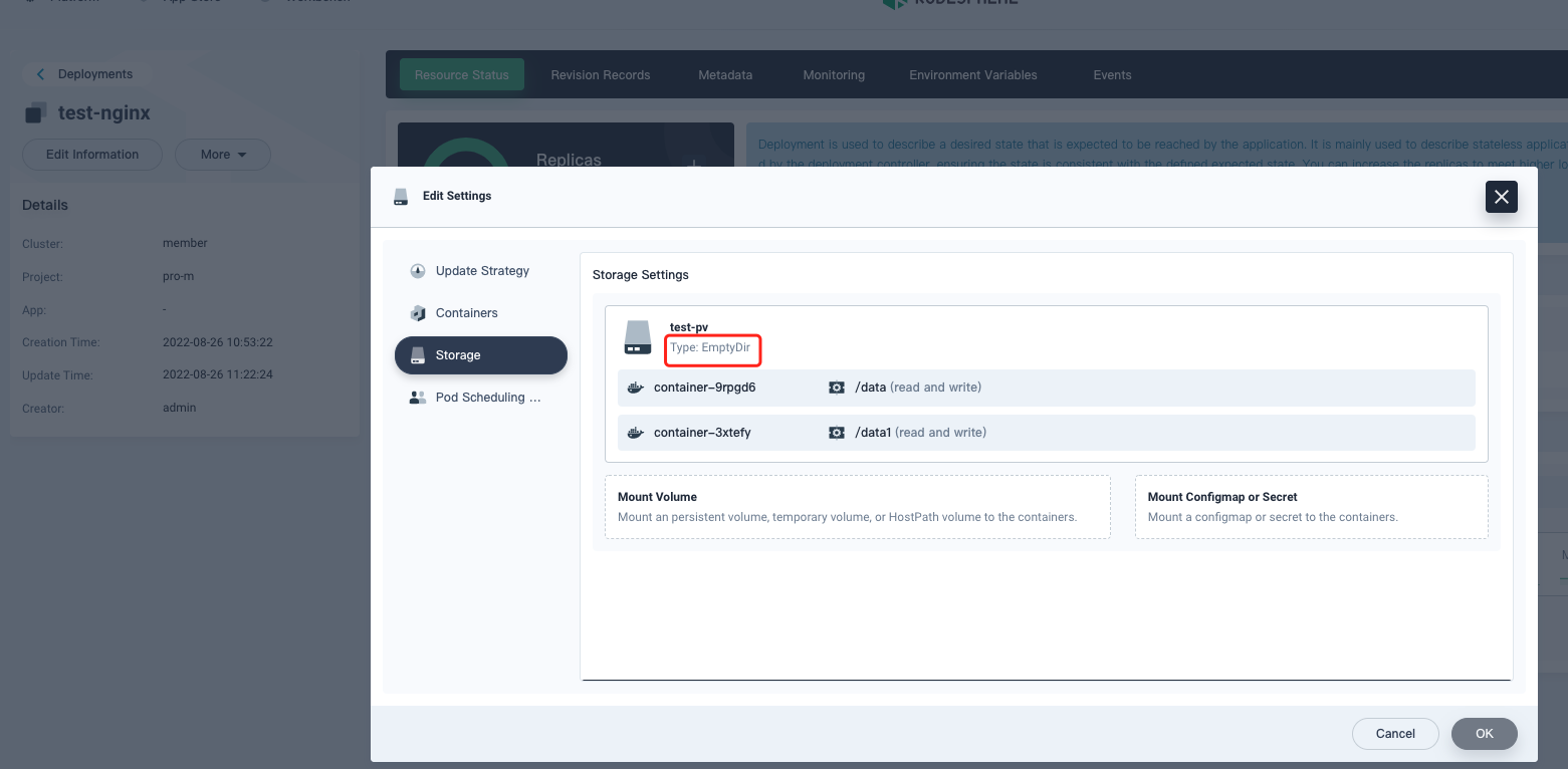 After delete storage(Temporary Volume/HostPath Volume), the init container will be delete too ...