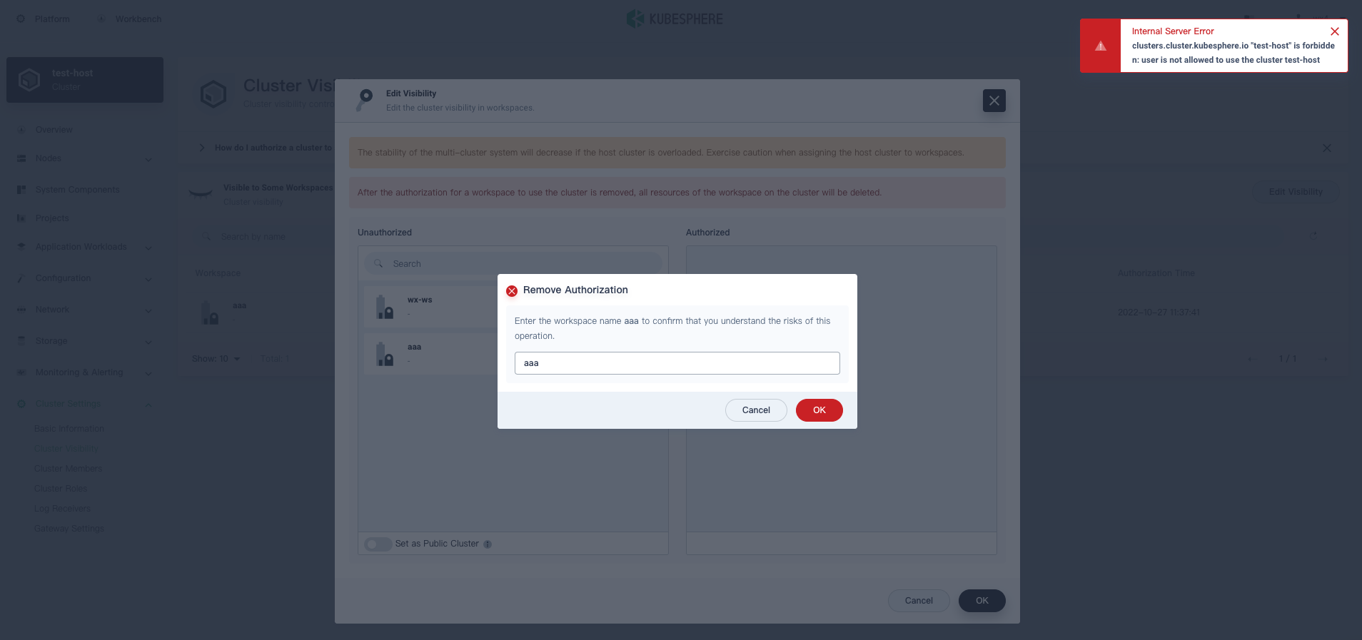 Platform permission 'cluster-management' can not authorized/unauthorized workspace · Issue #5332 ...