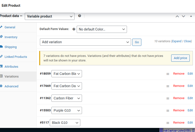 Variations with zero price result in warning message in back end ...