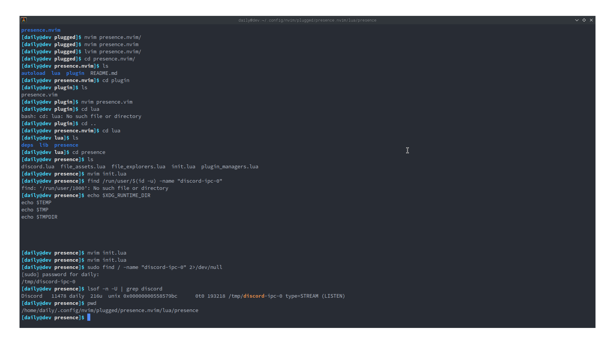 Failed to determine Discord IPC socket path · Issue #131 · andweeb/presence.nvim · GitHub