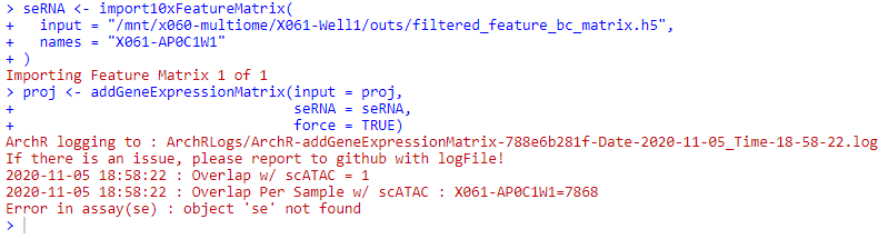 ArchR 1.0.0: Error in addGeneExpressionMatrix(): object 'se' not found · Issue #402 ...