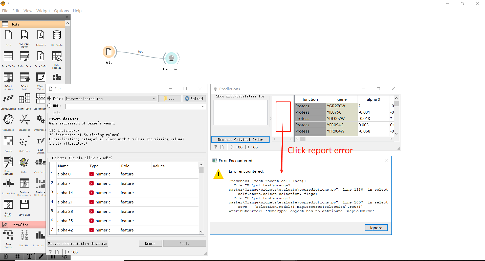 Evaluate owpredictions: Click report error · Issue #5097 · biolab/orange3 · GitHub