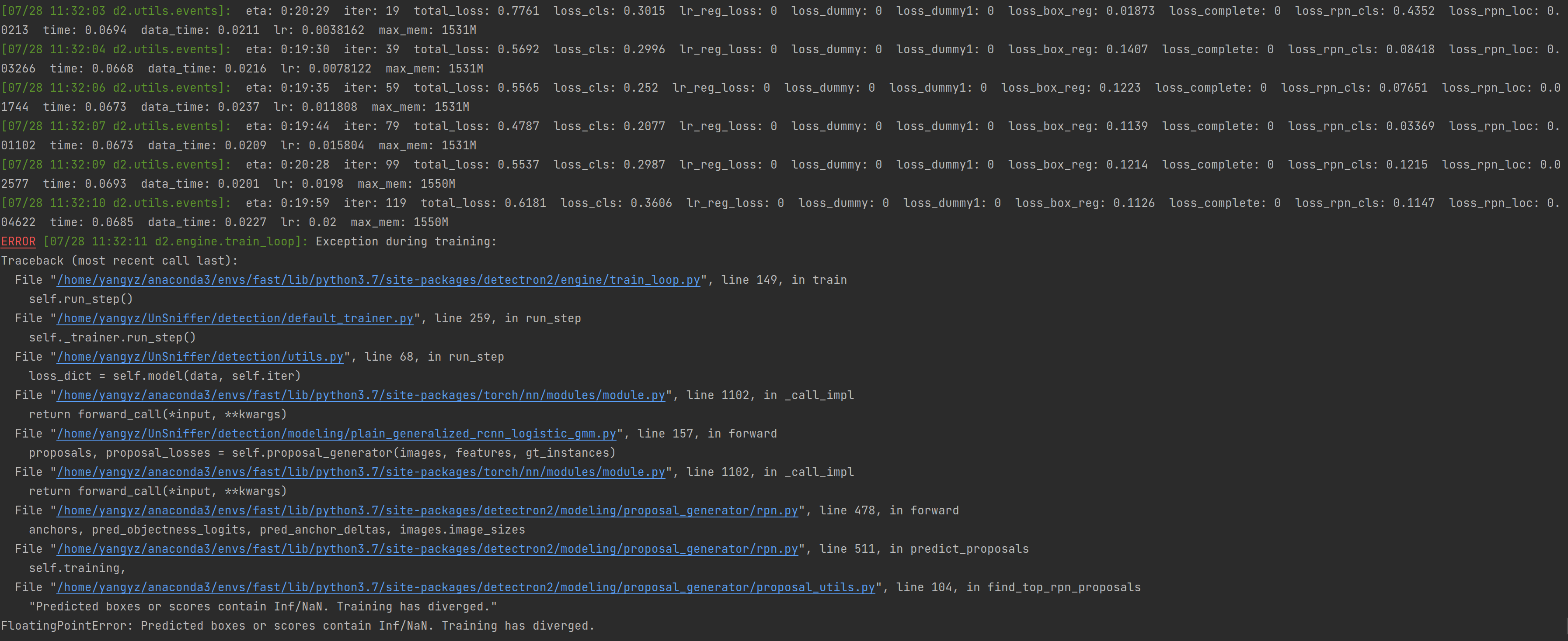 FloatingPointError: Predicted boxes or scores contain Inf/NaN. Training has diverged. · Issue #5 ...