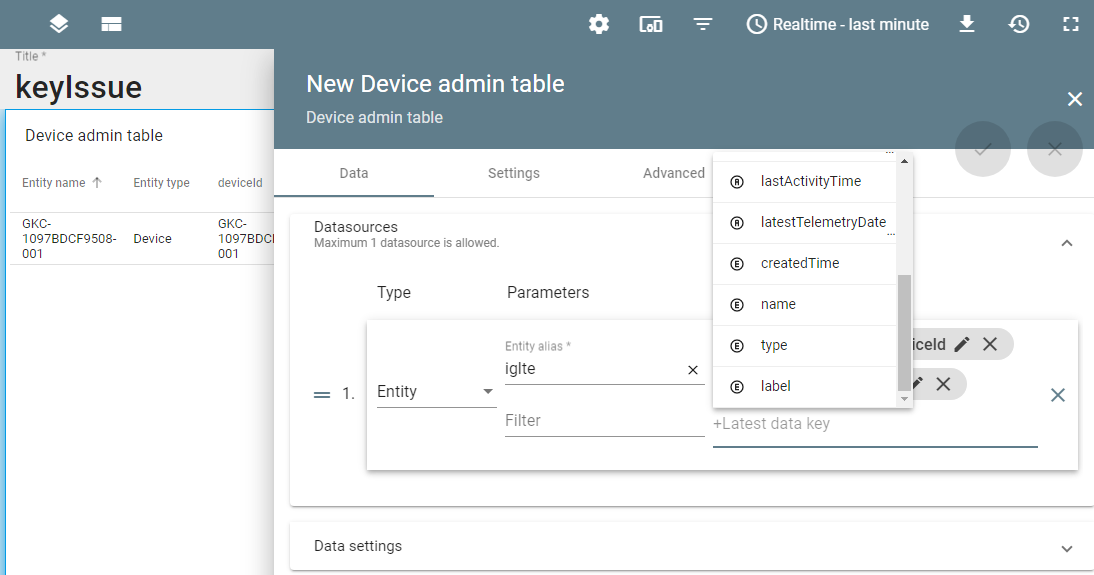 Thingsboard Dashboard Widget Creation Time Series Key Is Not Loading In The Dropdown After