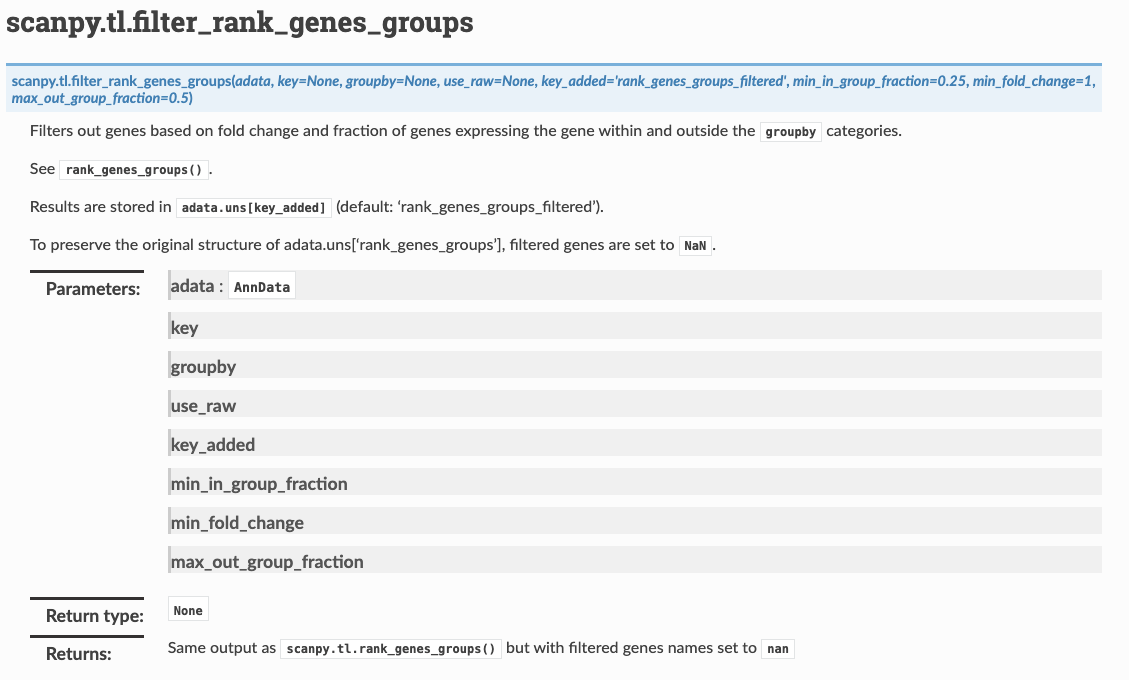 Docs for `sc.tl.filter_rank_genes_group()` missing argument descriptions · Issue #1930 · scverse ...