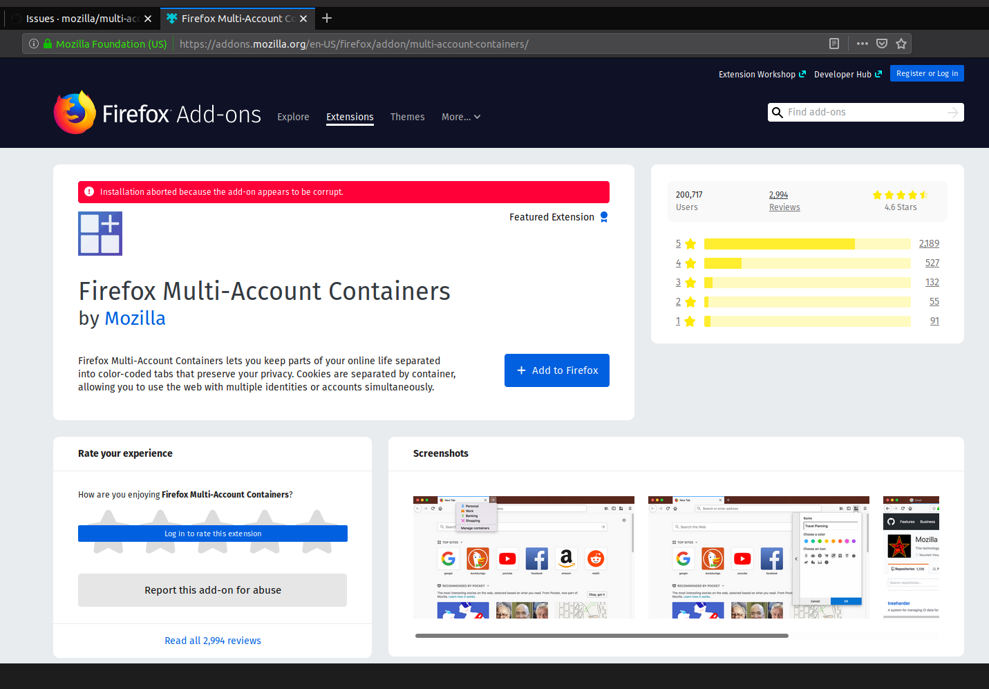 Installation aborted because the add-on appears to be corrupt. · Issue #1450 · mozilla/multi ...