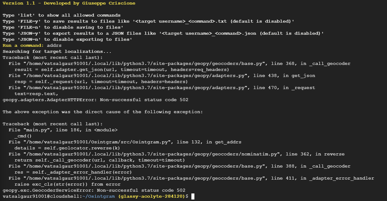 UNABLE TO USE OSINTGRAM TOOL FOR LOACTION · Issue #357 · Datalux/Osintgram · GitHub