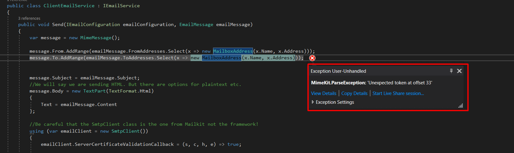 Mimekit Getting Exception When Trying To Add From Email Address Unexpected Token At Offset