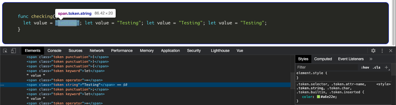 How to change .token.string, .token.selector classes with custom css class of our own in VueJS ...