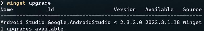Old version of Android Studio is showing as installed when using "winget upgrade" command ...