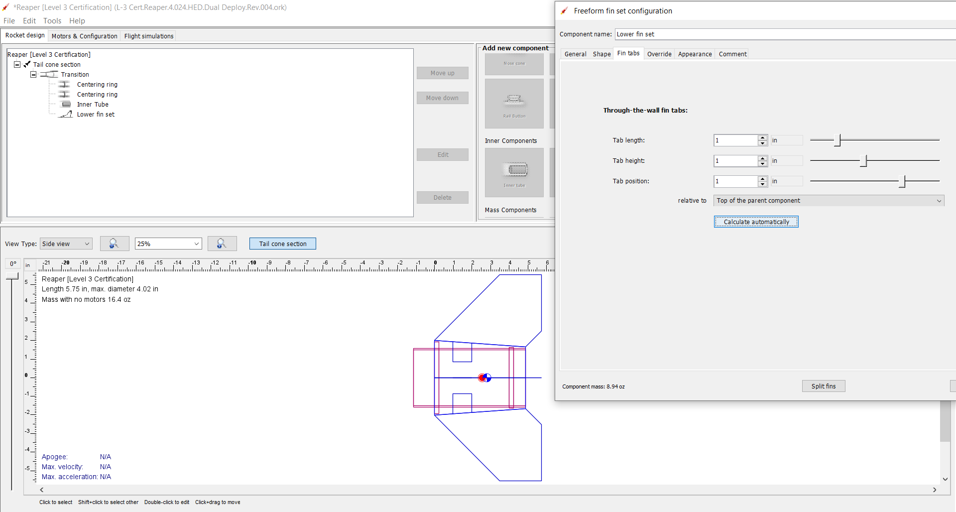 Fin tab "Calculate automatically" does not function when freeform fins are positioned on a ...
