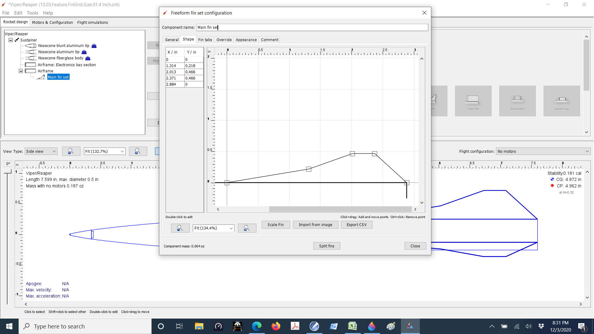 New feature request: Ability to set the freeform fin shape grid size to values other than .5 ...