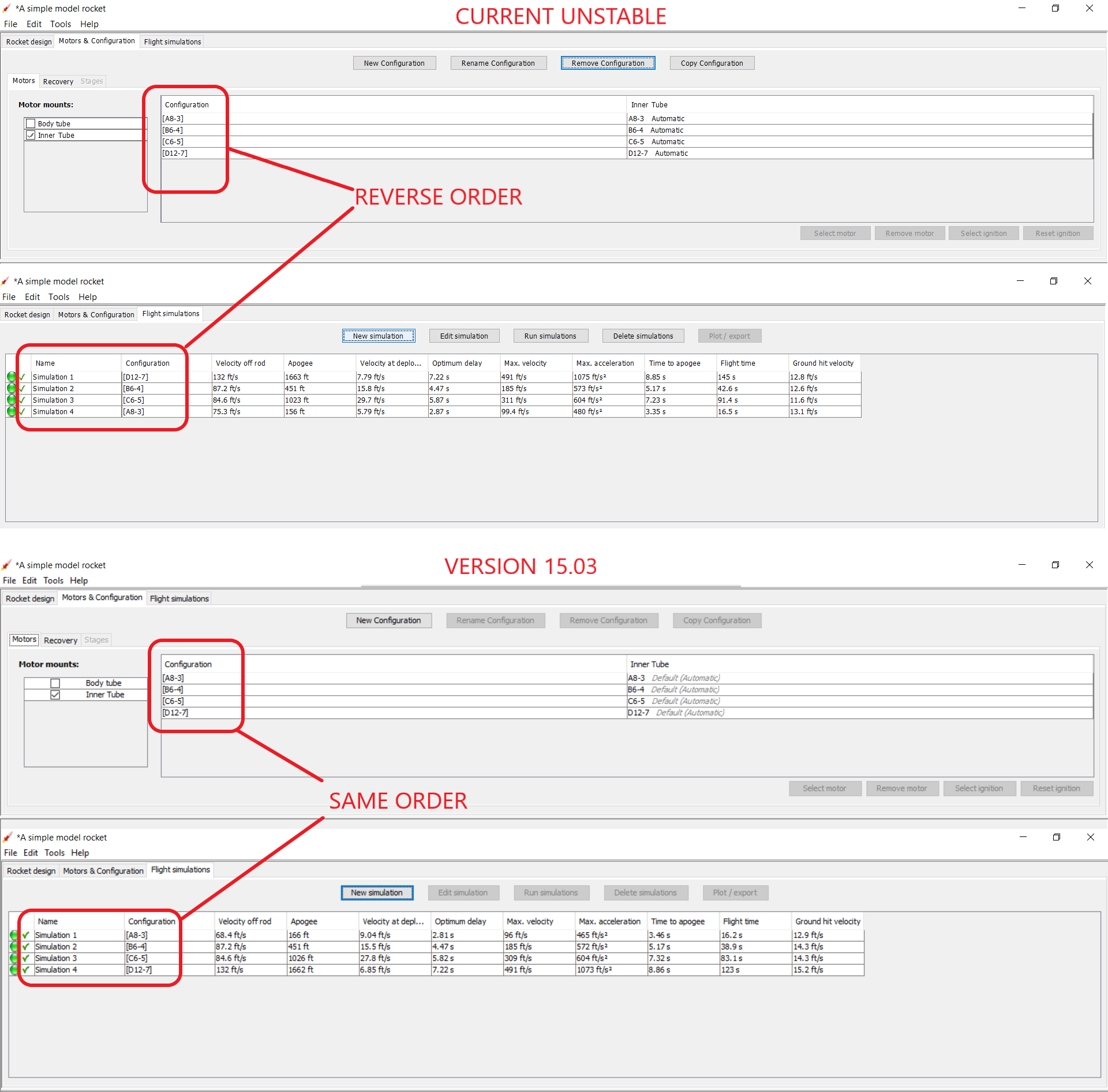 Motor configuration/simulation shown in reverse order · Issue #845 · openrocket/openrocket · GitHub