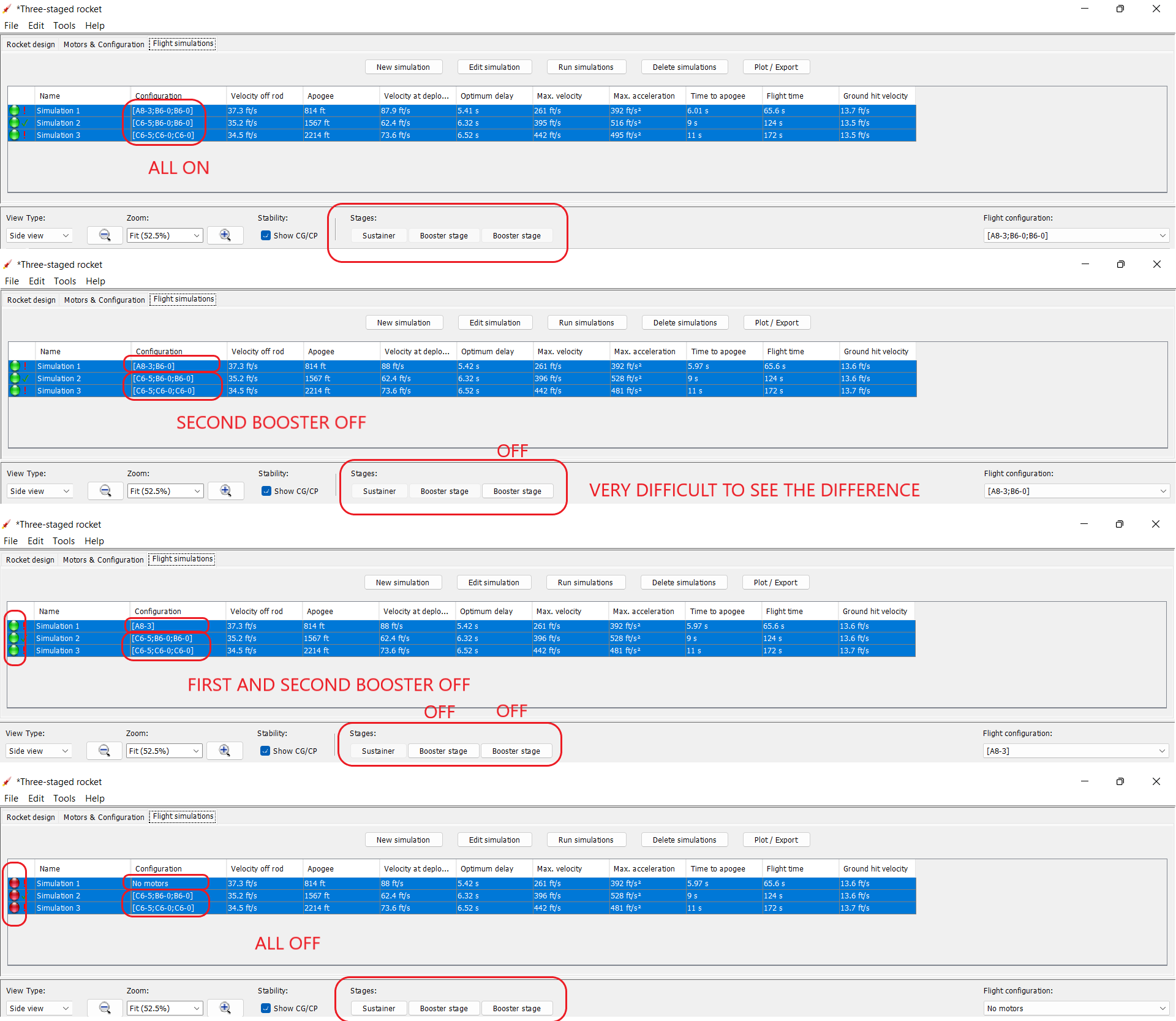 [Bug] Staged/booster rocket simulation results are not consistent when stages are turned off ...