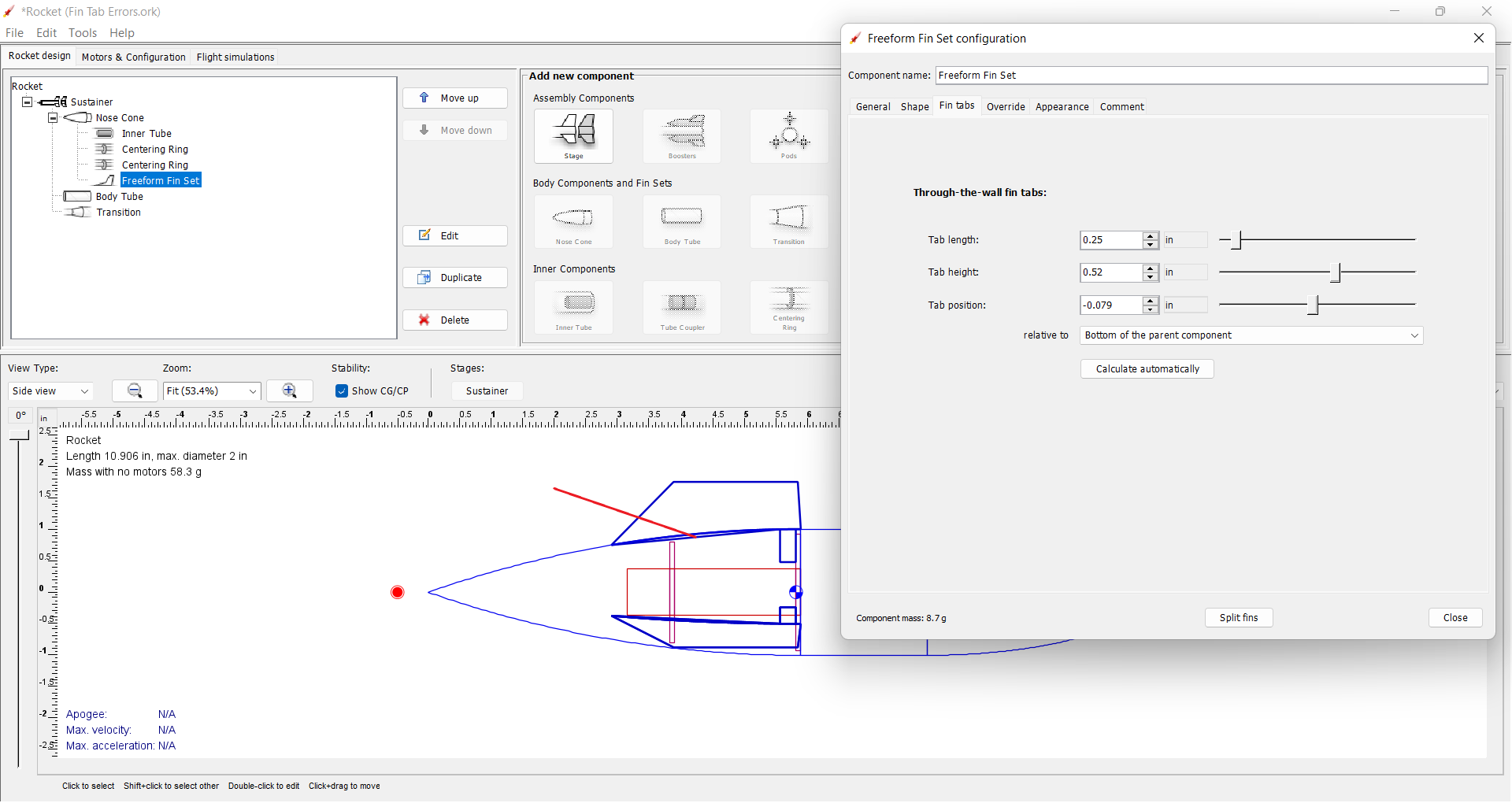 [Bug] When fin tabs are used on curved nose cones and transitions, the fin root edge is not ...