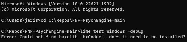"Could not find haxelib 'hxCodec', does it need to be installed?" despite the fact hxCodec is ...
