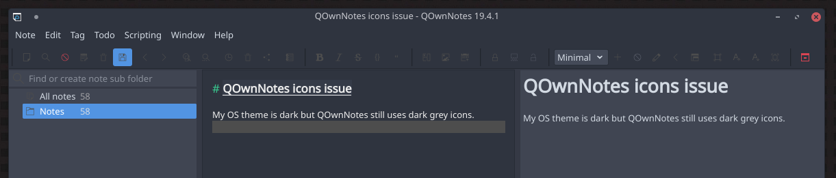 QOwnNotes still uses dark grey icons despite me running a dark system ...