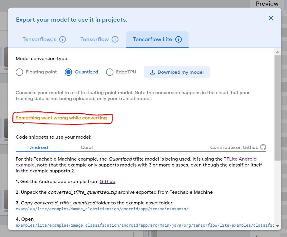Error 413 when exporting model · Issue #171 · googlecreativelab/teachablemachine-community · GitHub