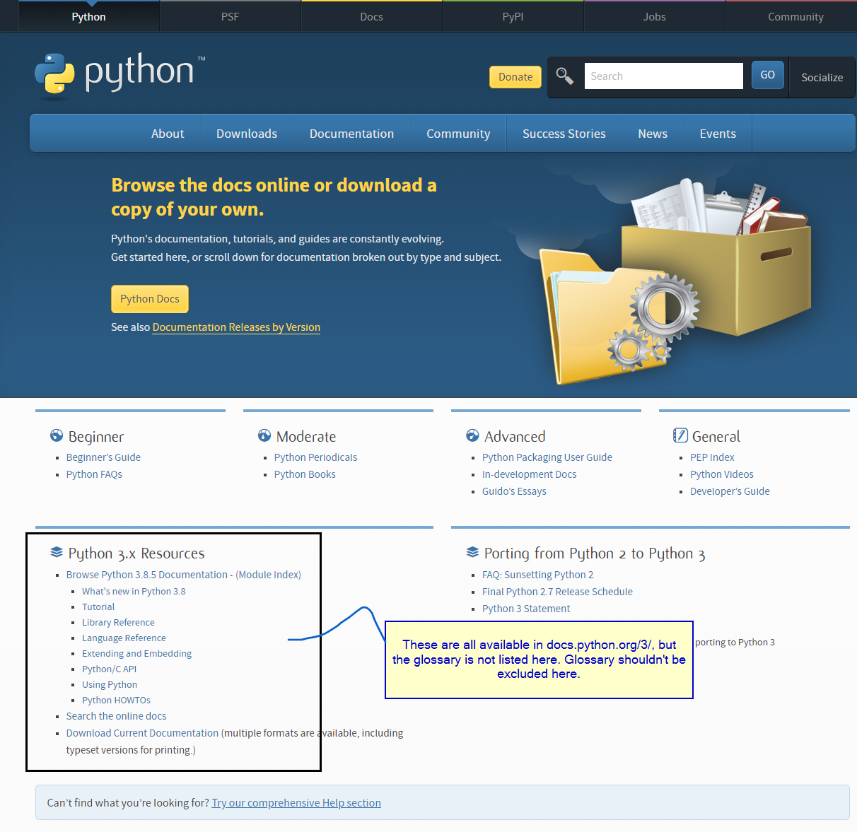 Need link to Glossary from https://www.python.org/doc/ · Issue #1620 · python/pythondotorg · GitHub