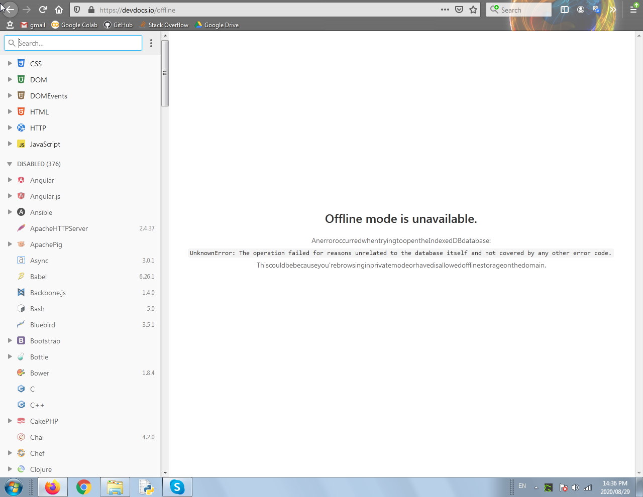Offline mode is unavailable for unkonwn error · Issue #1267 · freeCodeCamp/devdocs · GitHub