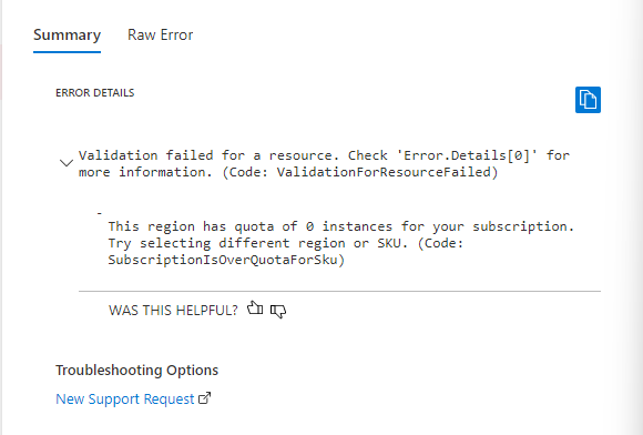 Deployment failed at Validation--subscription quota limitation despite not having anything else ...