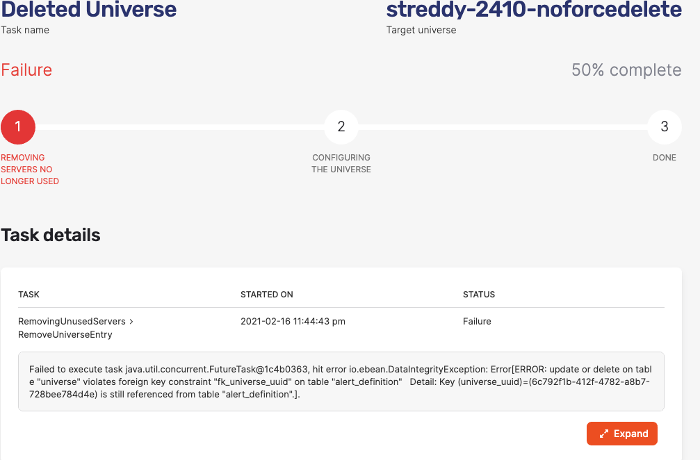 [Platform] Delete Universe fails with fk constraint "fk_universe_uuid" on table "alert ...