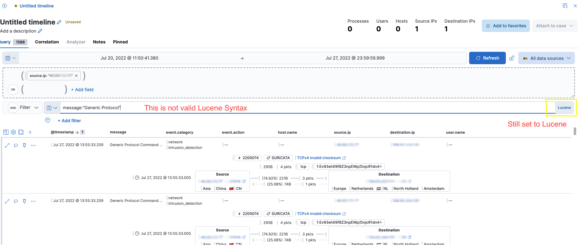 [Security Solution] Selecting Lucene query syntax in the Timeline creation/edit page does ...