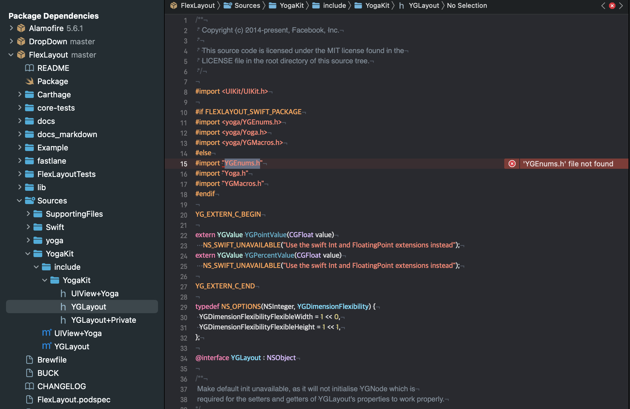 'YGEnums.h' file not found Error · Issue #203 · layoutBox/FlexLayout · GitHub