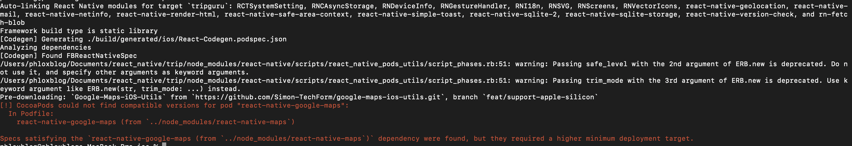 I am getting an error while install the google map in iOS for react native version 0.71.6 ...