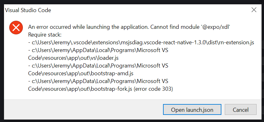 Error whewn trying to debug expo with the recommended debug config -> "Cannot find module 'glob ...