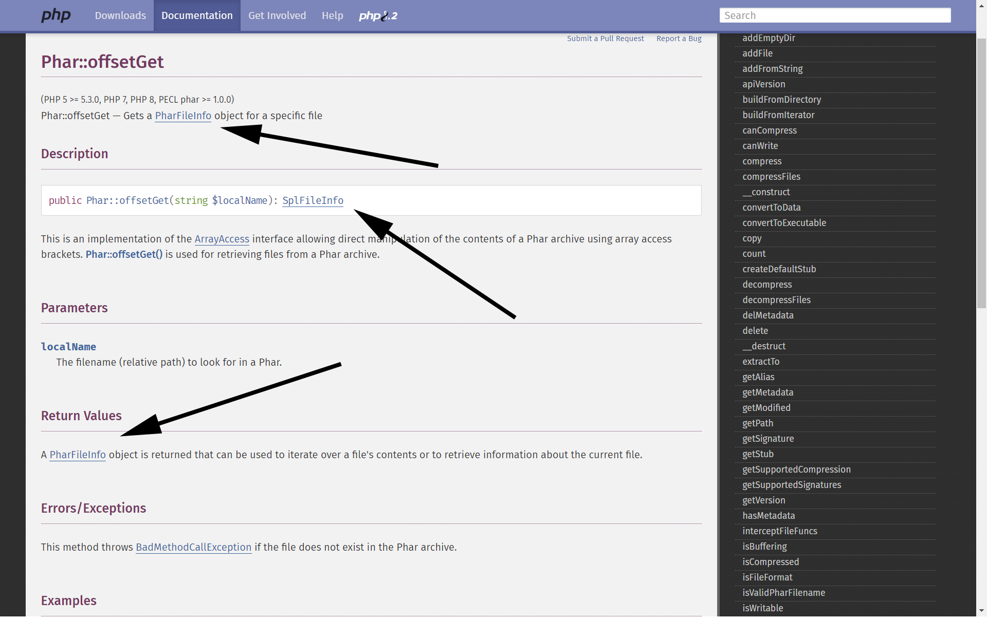 Array access of files on union type of Phar|PharData object using ArrayAccess syntax returns ...