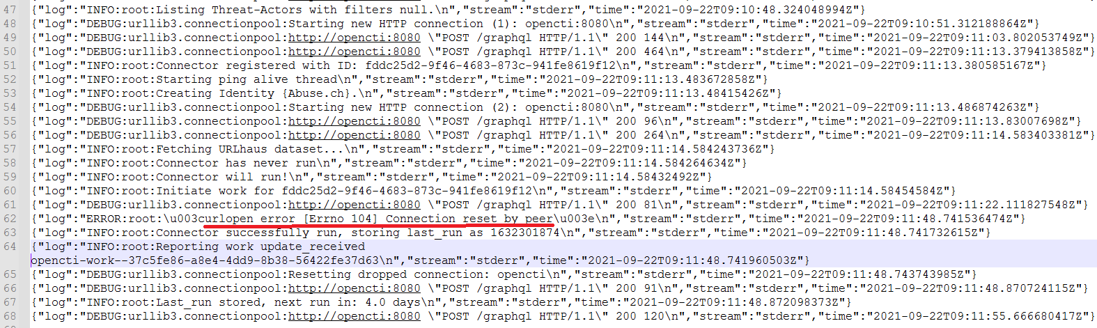 [Abuse.ch URLhaus]The connector shows "urlopen error [ERRNO 104]: connection reset by peer ...